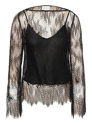 REFORMATION Marlow Sheer Lace Cropped Top - Black Lace
