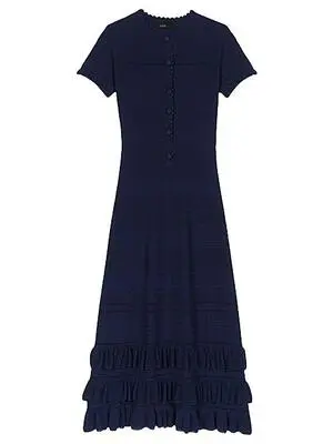 Maje Knitted Ruffled Maxi Dress - Navy