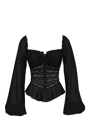 House Of Cb Long-sleeve Georgette Peplum Top - Black