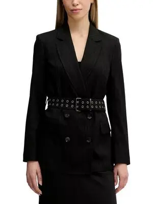 Sisley Pinstripe Belted V-neck Jacket - Black