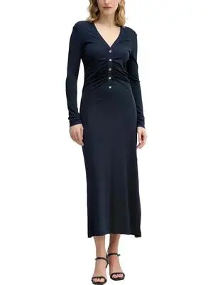 SISLEY Buttoned Ruched Midi Dress