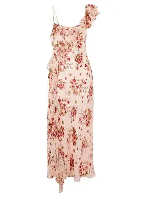 Rixo Asymmetric Floral-print Chiffon And Dévoré-velvet Maxi Dress - Pink