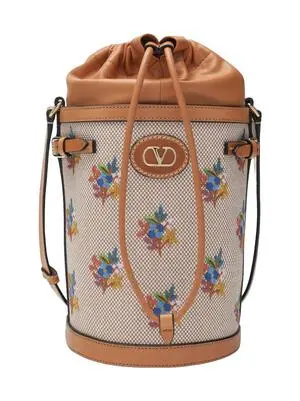 Valentino Garavani Canvas Bucket Bag With Floral Embroidery - Beige