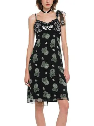 Anna Sui Ribbon Handkerchief Satin Print Dress - Black