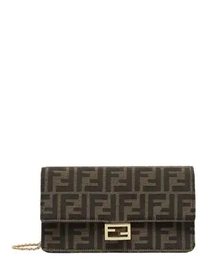 Fendi Baguette Wallet On Chain Shoulder Bag In Ff Jacquard Fabric - Brown