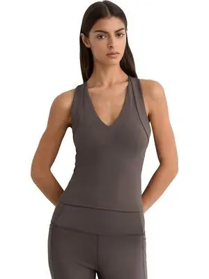REISS Helena V-neck Cross-back Sports Top - Taupe Brown