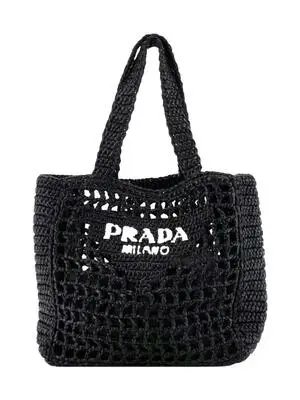 Prada Logo Raffia Small Tote Bag - Black