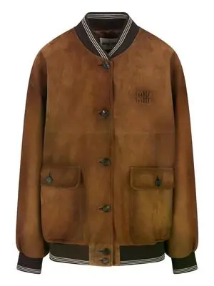 Miu Miu Logo-patch Suede Bomber Jacket - Brown