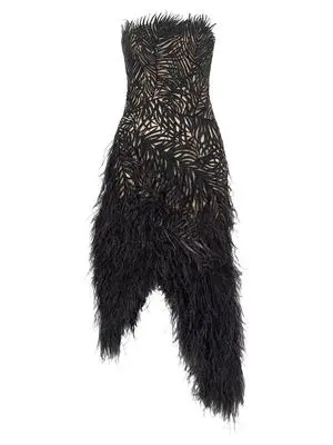 Oscar De La Renta Strapless Feather-trimmed Embroidered Mesh Mini Dress - Black