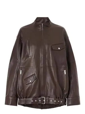 Tibi Belted Leather Bomber Jacket - Brown