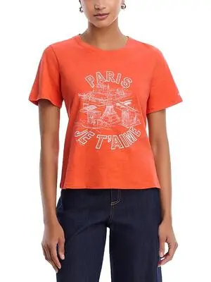 Cinq À Sept Rhinestone Paris Je T'aime Shrunken Tee - Red Tangerine/white