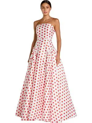 Mac Duggal Strapless Polka Dot Mikado Ball Gown - White Multi