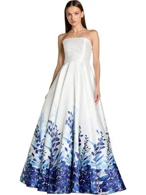 Mac Duggal Strapless Floral Printed Mikado Ball Gown - White Multi