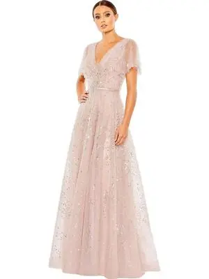 Mac Duggal Embellished Butterfly Sleeve Wrap Over Gown - Vintage Rose