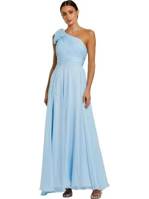 Mac Duggal One-shoulder Pleated Evening Gown With Bow - Blue