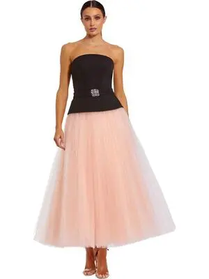 Mac Duggal Strapless Midi Dress With Tulle Skirt - Black Pink
