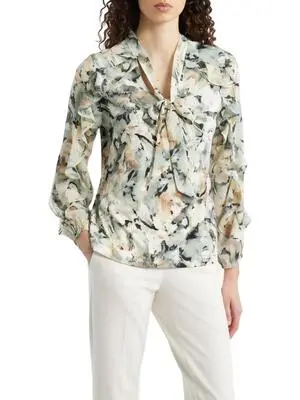 Anne Klein Printed Ruffle Tie Neck Top - Soft Aloe Multi