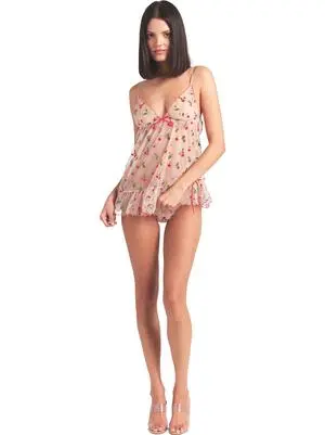 SKIMS Embroidered Tulle Mini Slip Dress And Tanga Set - Primrose Cherry Tulle