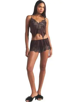 SKIMS Silk Lace Garter Cami And Short Set - Espresso Contrast