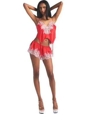 SKIMS Silk Lace Garter Cami And Short Set - Ruby Contrast