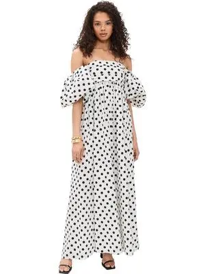 Caroline Constas Emilia Ruched Maxi Dress - Ivory Black Polka Dot