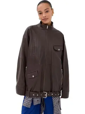 Tibi Leather Moto Bomber - Brown