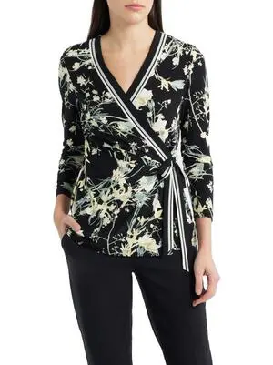Anne Klein Floral Wrap Top - Anne Black Multi