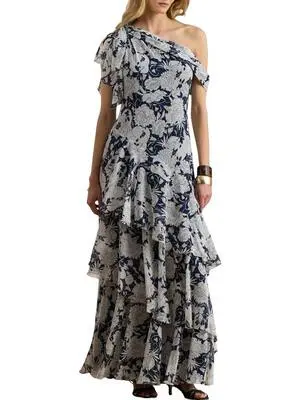 Ralph Lauren Kanerite Crinkle One-shoulder Tiered Maxi Dress - White/navy