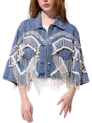 AZALEA WANG Jacket With Pearl Embellishments - Denim
