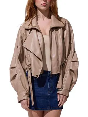 AZALEA WANG Faux Leather Moto Jacket - Beige