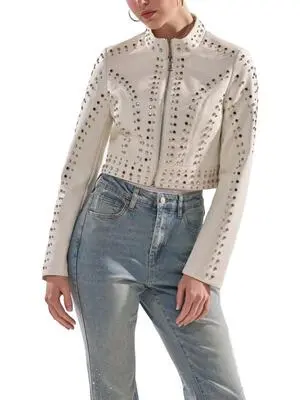 AZALEA WANG Studded Vegan Leather Cropped Jacket - White