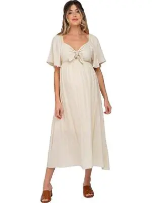 PINKBLUSH Front Tie Ruffle Sleeve Maternity Midi Dress - Beige