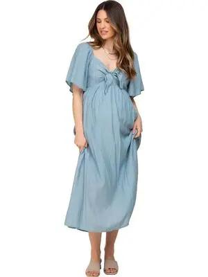 PINKBLUSH Front Tie Ruffle Sleeve Maternity Midi Dress - Blue