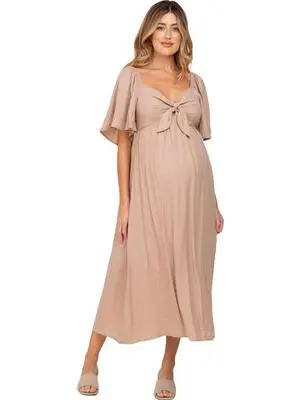PINKBLUSH Front Tie Ruffle Sleeve Maternity Midi Dress - Mocha