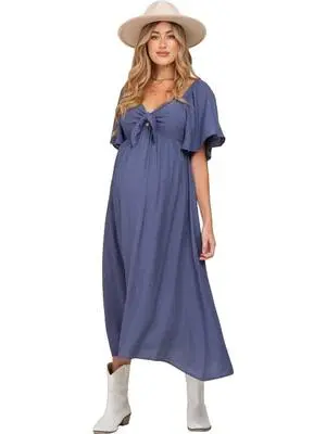 PINKBLUSH Front Tie Ruffle Sleeve Maternity Midi Dress - Navy Blue