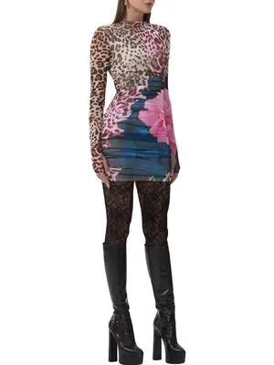 AFRM Darcie Print Long Sleeve Mesh Minidress - Animal Block Peony