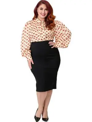 Unique Vintage Pencil Skirt With Pleated Kick Vent - Black Solid