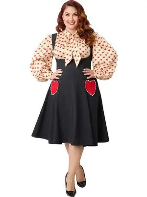 Unique Vintage Amma Suspender Skirt - Black W/red Hearts