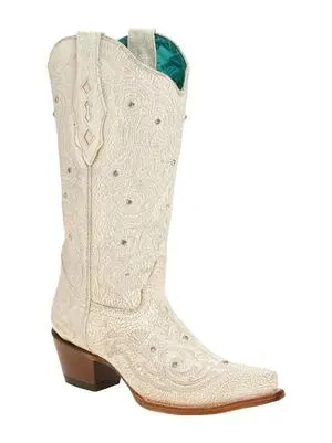 CORRAL Crystal & Embroidered Crackled Mid Calf Western Boot - Bone