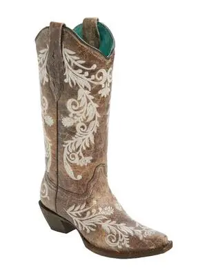 CORRAL Embroidered Crackled Mid-calf Western Boots - Brown/white