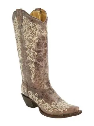 CORRAL Embroidered Crackled Leather Mid Calf Western Boot - Brown