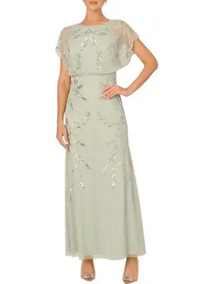 Adrianna Papell Sequin Blouson Flutter Sleeve Gown - Icy Sage