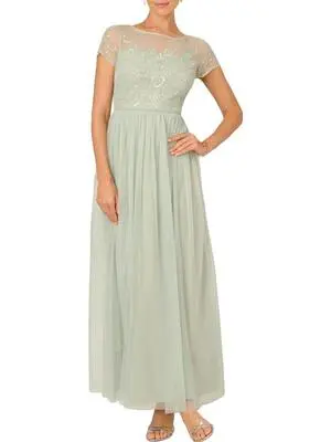 Adrianna Papell Beaded Mesh Chiffon Gown - Icy Sage