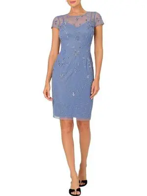 Adrianna Papell Beaded Mesh Cocktail Dress - French Blue