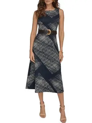 Donna Karan New York Belted Printed A-line Midi Dress - Nghtfall/cream