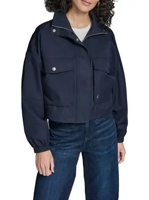 Karl Lagerfeld Water-resistant Cropped Cotton-blend Bomber Jacket - Navy