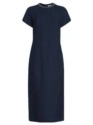Brunello Cucinelli Twill Midi Dress With Monili - Blue