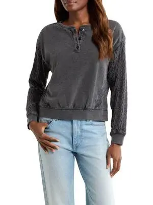 Lucky Brand Cable Stitch Sleeve Henley Top - Raven
