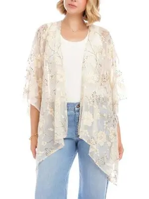 Karen Kane Embroidered Floral Open Front Jacket - Off White