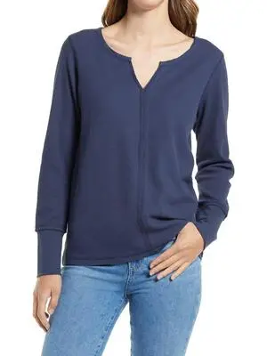 Caslon Split Neck Organic Cotton Blend Thermal Knit Top - Navy Indigo